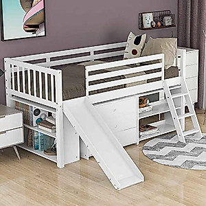 ATY Wooden Twin Size Low Loft Bed, Bedroom Bunkbed Frame with Attached Bookcases & Separate 3-Tier Drawers, Convertible Ladder and Slide, Home Furniture for Saving Space, White