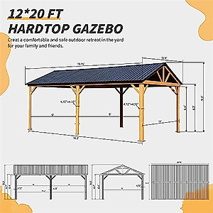 Goohome 12x20ft Hardtop Gazebo, Galvanized Steel Gable Roof Gazebo Pergola with Wood Grain Aluminum Frame, Outdoor Permanent Hard Top Waterproof Pergola for Shade and Rain Lawn