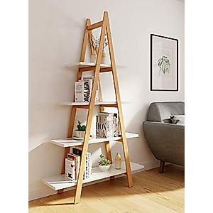 Universal Expert Abacus 4-Tier Ladder Bookcase, Leaning Free Stand Wood Bookshelf Frame Storage Rack, Display Shelf for Home Office, Oak and White