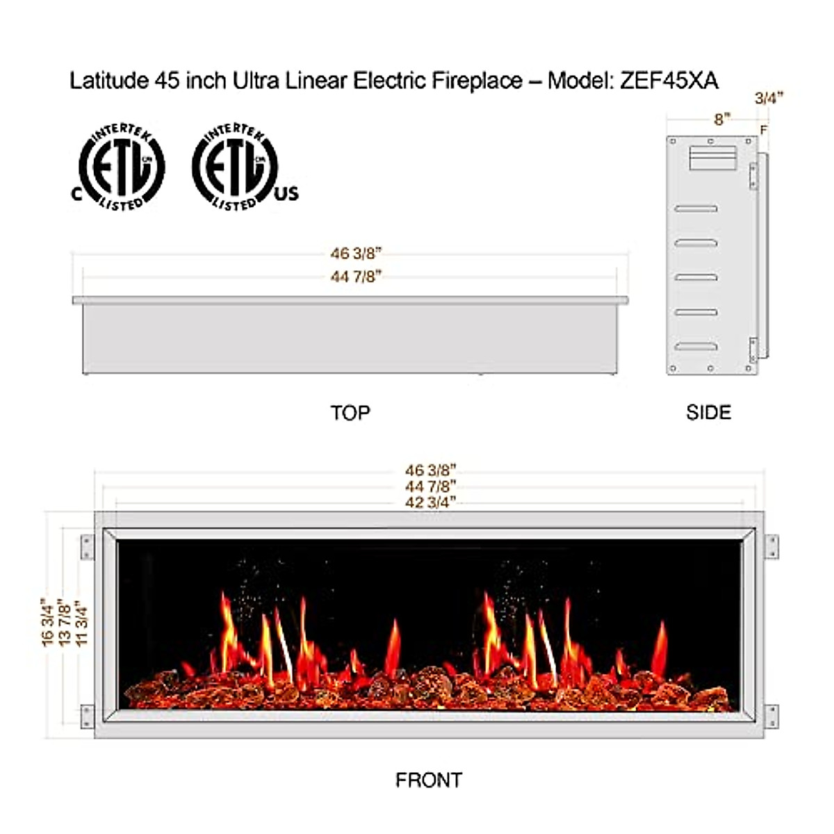 Litedeer Homes Latitude 45" Smart Electric Fireplace with App, Crackling Fire Sounds, Reflective Amber Glass, Black - ZEF45XA