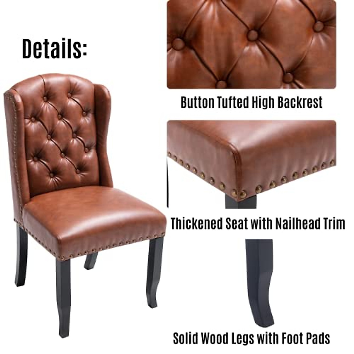 LukeAlon Classic PU Leather Dining Chairs Set of 2, Upholstered Button Tufted Dining Room Side Chairs with Solid Wood Legs Elegant High Back Dinner Chair with Nailhead Trim for Home Kitchen, Brown