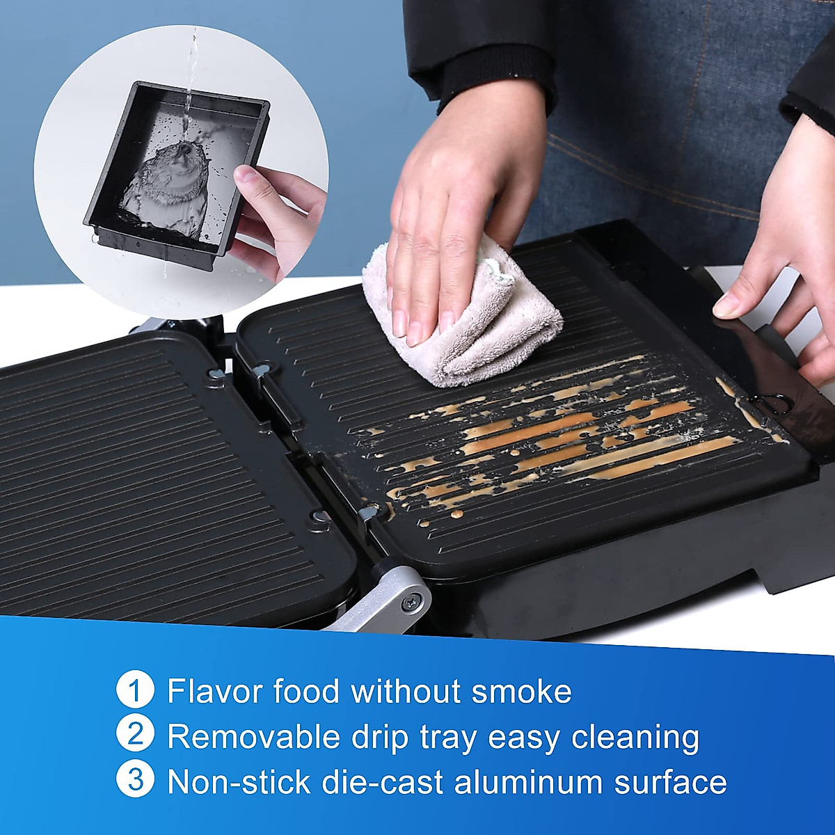 FELAYZA Smokeless Indoor Electric Grill & Panini Press, 8-Serving, Nonstick Removable Plate, Temp & Time Adjustable, Indoor Table Aluminum Grill with Removable Drip Tray for BBQ, Sandwich, Pancake etc