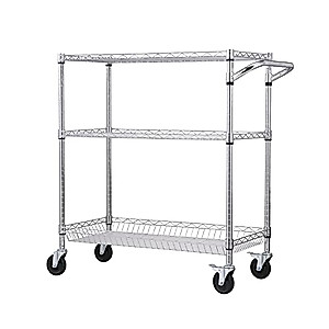 VEVOR Kitchen Utility Cart, 3 Tiers, Wire Rolling Cart with 661 LBS Capacity, Steel Service Cart on Wheels, Metal Storage Trolley with 80 mm Deep Basket Curved Handle PP Liner 6 Hooks, NSF Listed