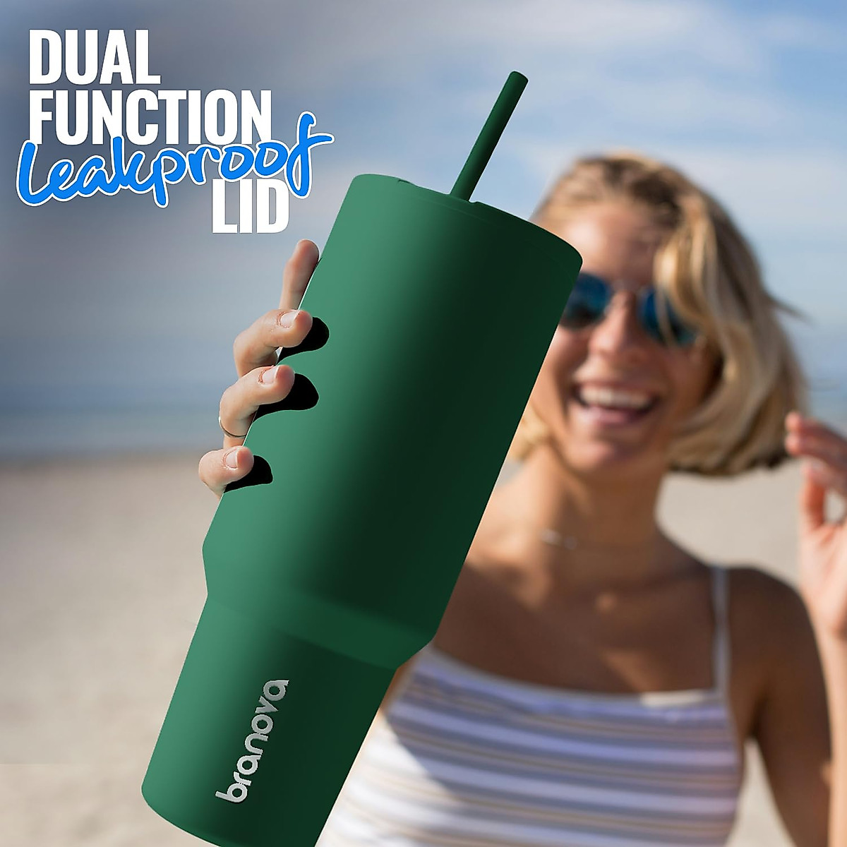 Euforia 40 Oz Tumbler with Handle and Straw Lid - 100% Leak Proof, 2-in-1 Lid, Keeps Cold for 24 Hours & Hot for 10 Hours - Fits in Car Cup Holders, Reusable Stainless Steel Water Bottle - Green