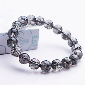 LiZiFang Brazil Natural Black Rutilated Quartz Crystal Round Bead Bracelet 10mm