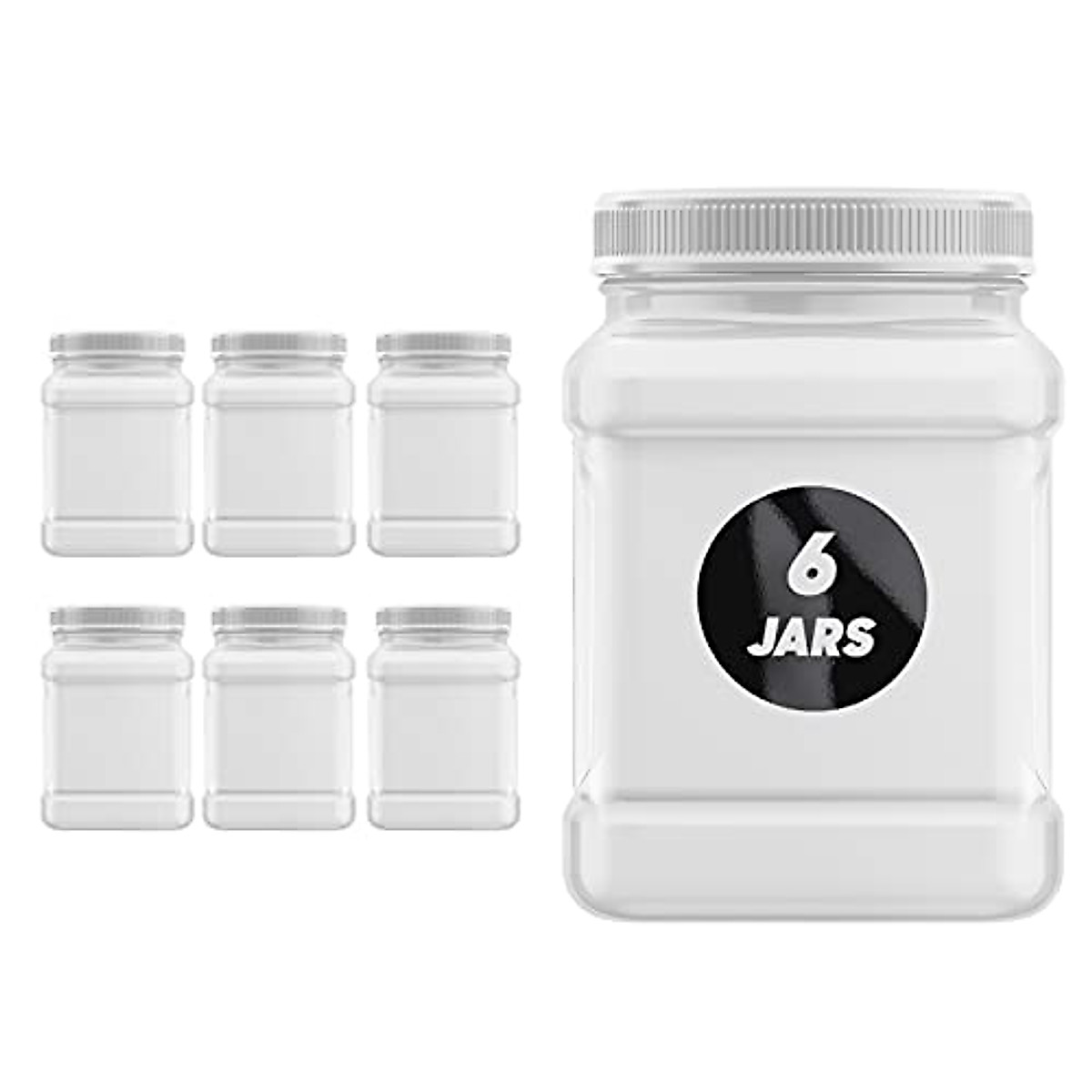 Plastic Jars 32 Ounce Square Pinch Handle (6 Pack) Clear PET Plastic Containers With White Ribbed Lids