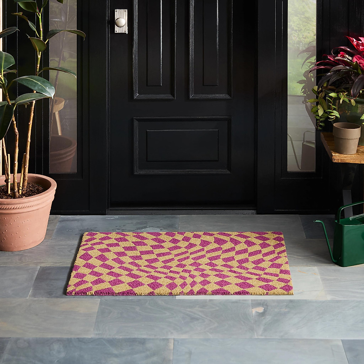 TOWN & COUNTRY TERRA Emmett Groovy Checkerboard Door Mat, Natural Coir, Heavyweight, Non-Slip Entryway Mat, Purple, 18"x30"