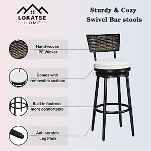 LOKATSE HOME 2 PCS Outdoor Swivel Barstools, Patio Bar Chairs with Wicker Back and Cushions for Backyard Deck Lawn Garden