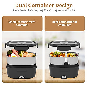 Geveniss Electric Lunch Box for Men, Women, Adults - 80W Fast Heating Lunch Box (12V/24V/110V) - Heated Lunch Box with Dual 1.5L SS Containers - Portable Food Warmer for Car, Truck, Office Use