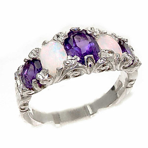 LetsBuyGold 925 Sterling Silver Real Genuine Amethyst and Opal Womens Band Ring - Size 11