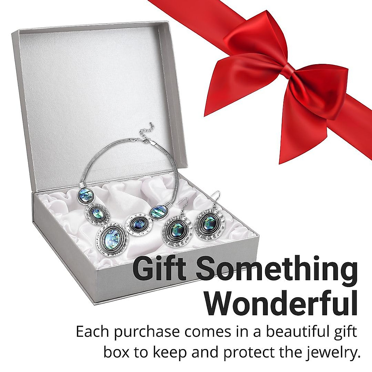 Shop LC Abalone Shell Necklace & Earrings Set in Stainless Steel - Genuine Handmade Abalone Boho Costume Jewelry Set for Women - Natural Abalone Bali Hammered Jewelry Costume Jewelry for Women