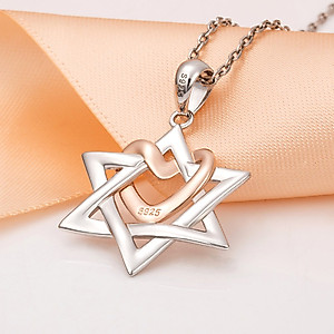 APOTIE Silver Star of David pendant with Rose Gold Heart Necklace Mother Day Jewelry Gift for Mom Women (Rose Gold Heart Star of David Necklace)