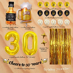 30th Birthday Decorations for Him,Black and Gold 30th Birthday Decorations with Banner Number 30 Balloons Curtains and Balloons