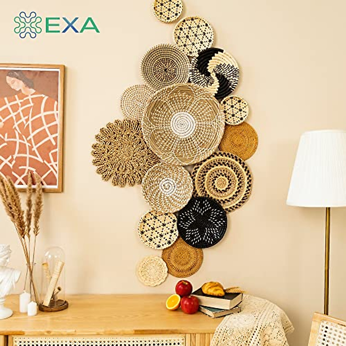 EXA Set of 15 Hanging Woven Wall Basket Decor Summer Bloom Round Decorative Large Wall Decor - Handmade Seagrass Baskets - Rattan Wall Art, Flat Wicker Woven Basket Wall Decors for Boho Farmhouse