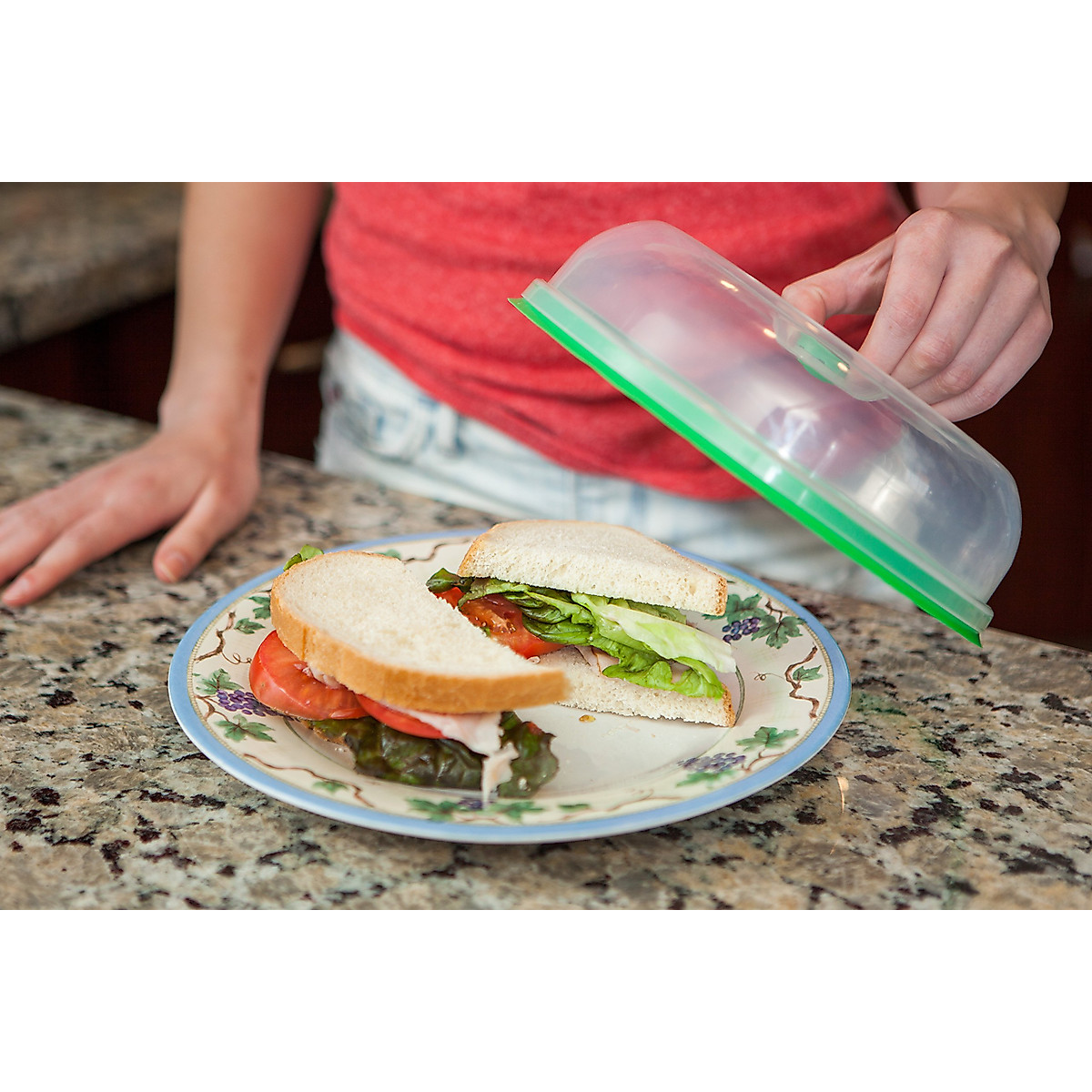 Press n Fresh Universal Vacuum Air-tight Food Sealer Container Plate Platter Lid Cover Topper Dome, Stackable, Dishwasher and BPA Free (9 & 7, Green)