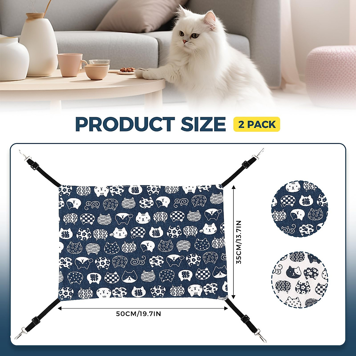 Cat Hammock for Cage Hanging Reversible 2Pack,Pet Hammock Bed Adjustable,Soft Sleeping Hammock for Cats,Ferret,Puppy,Rabbits,Small Animals (M, CAT)