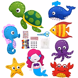 Felt Sewing Kit,8 Pcs Ocean Animals Sewing Kit Mermaid DIY Art Craft Felt Set Beginners Sewing Set for Boys and Girls Educational Gift