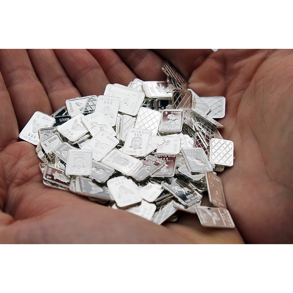 MINT STATE GOLD Three (3) One Gram .999 pure Silver Bars with random designs in a jewelry pouch