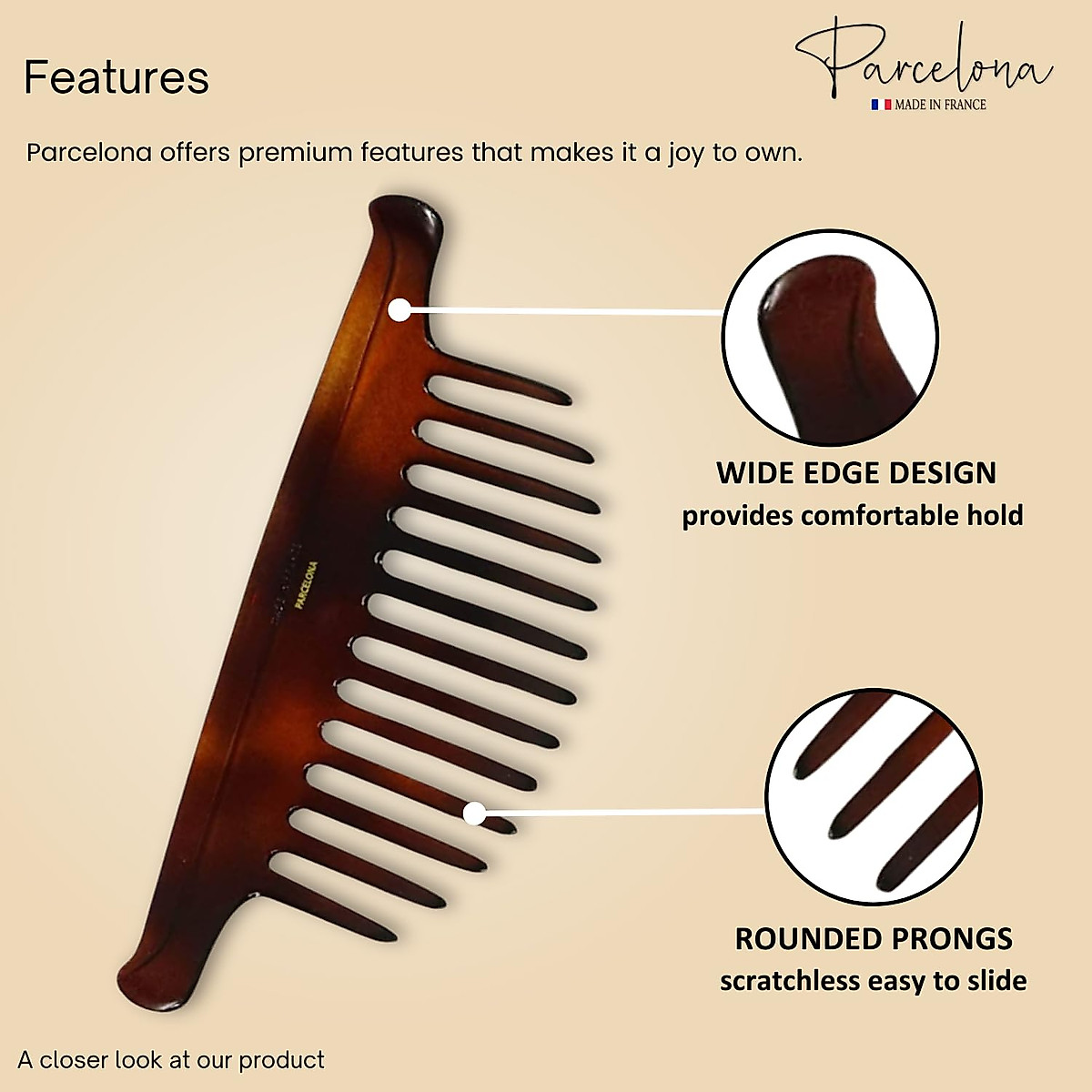 Parcelona French Banana Wide Edge Tortoise Shell Brown Extra Large 7” Celluloid 13 Teeth Set of 2 Side Hair Combs for Women and Girls