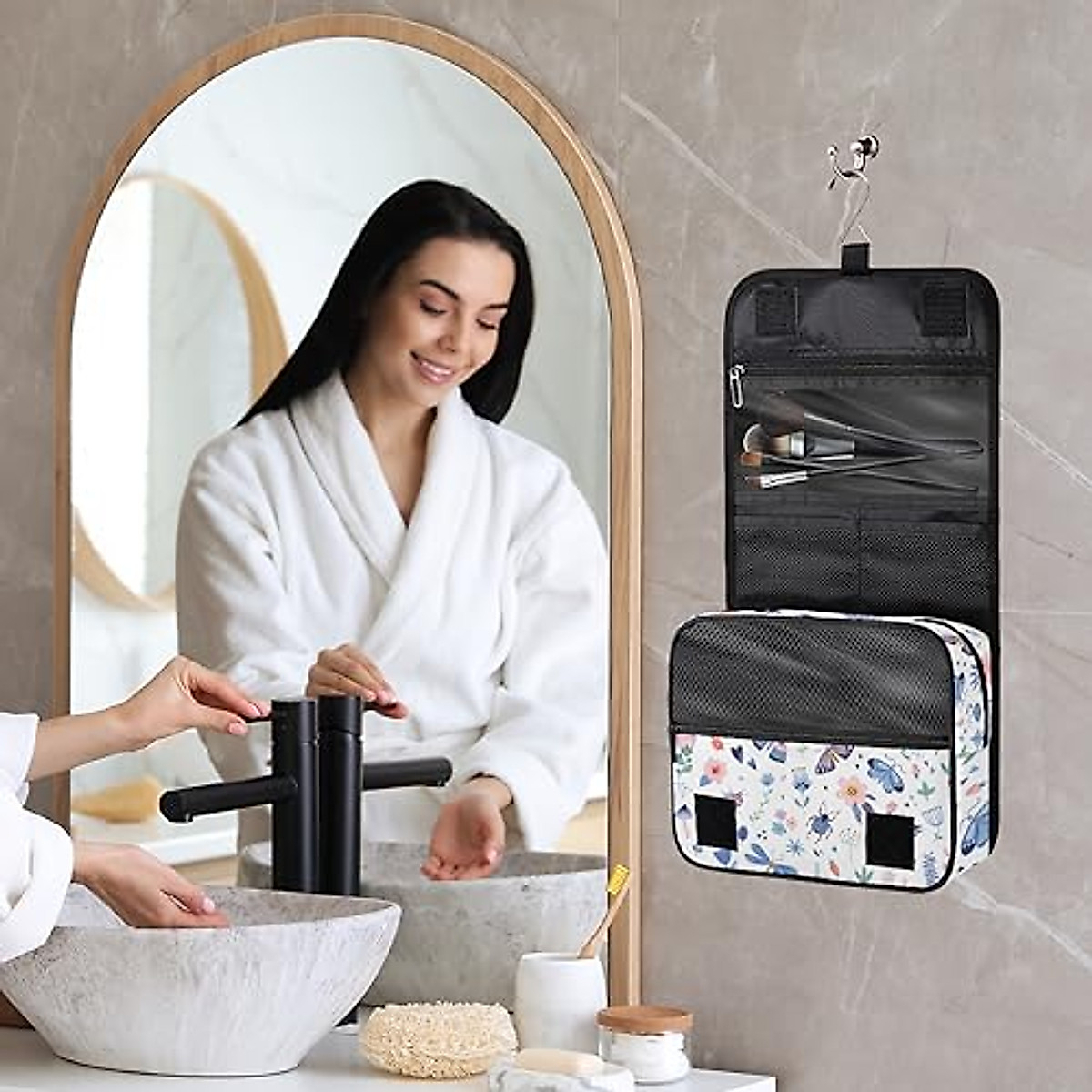 POFATO Butterfly Dragonfly Insect Pattern Travel Toiletry Bag Cosmetic Makeup Bag for Women Men Hanging Hook Wash Toiletries Portable Toiletry Bags Organizer