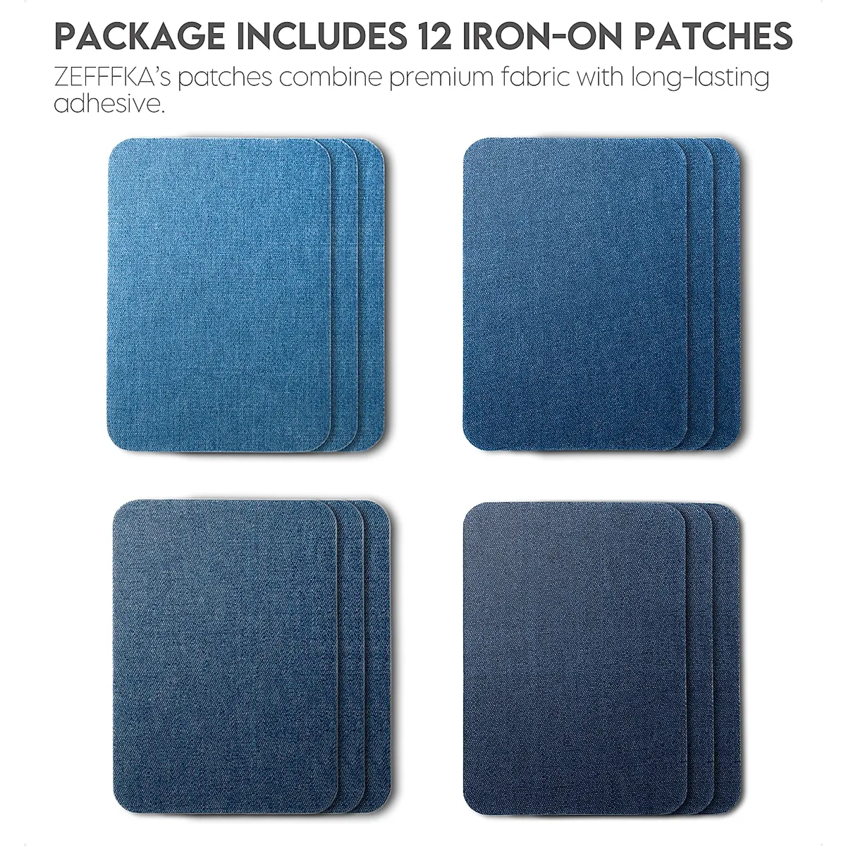 ZEFFFKA Premium Quality Denim Iron-on Jean Patches Inside & Outside Strongest Glue 100% Cotton Assorted Shades of Blue Repair Decorating Kit 12 Pieces Size 3" by 4-1/4" (7.5 cm x 10.5 cm)