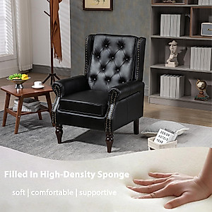 Meesifeel PU Leather Accent Chair,High Wingback Chair with Buttons, Modern Living Room Chairs,Single Club Armchair with Rivet Decoration,Upholstered Reading Chairs for Living Room/Bedroom (Black)