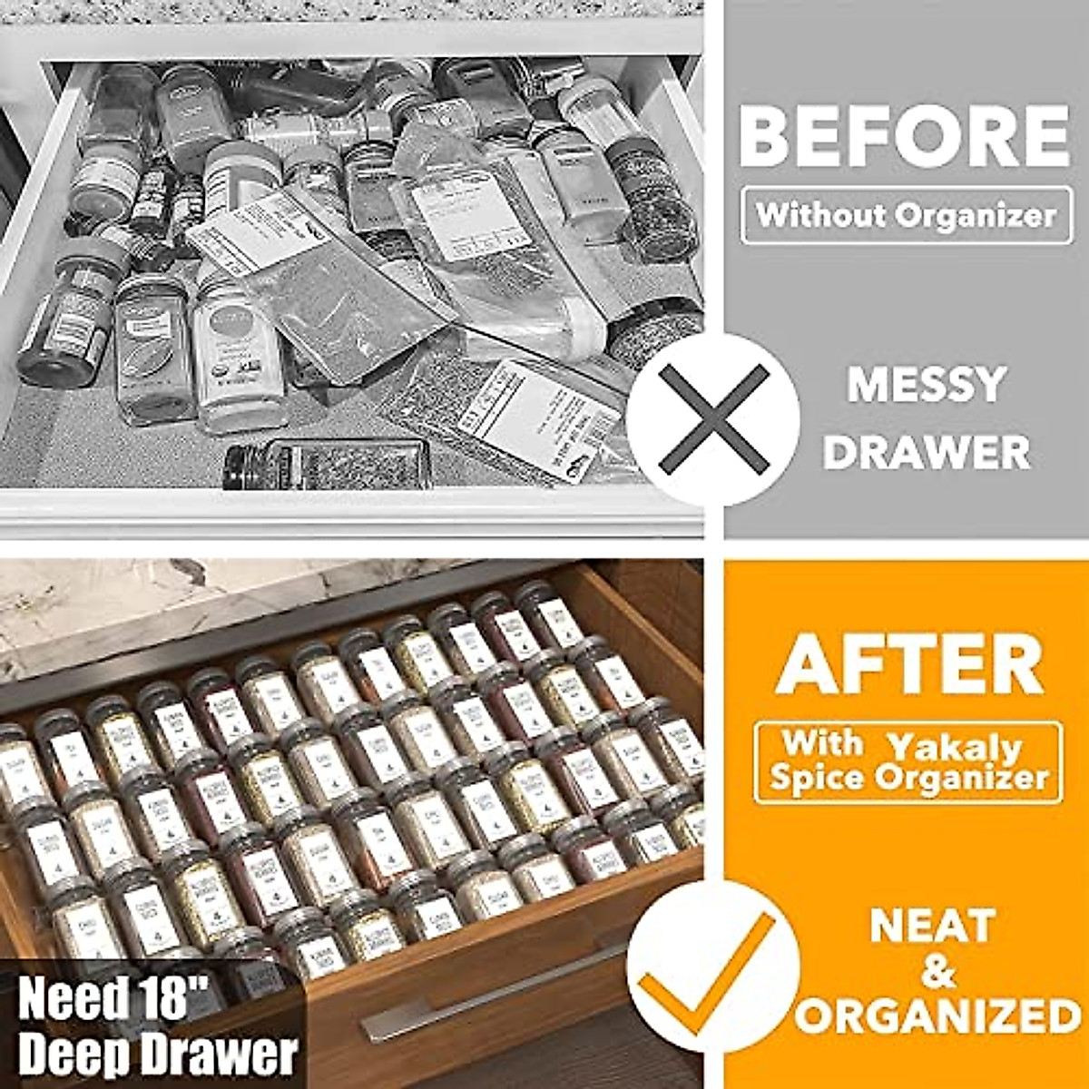 Yakaly Black Acrylic Spice Drawer Organizer, Expandable 11" to 22" - 4 Tier Slanted Drawer Seasoning Jars Rack Hold up 60 Jars, Adjustable In Drawer Spice Tray for Kitchen Cabinet Drawer/Countertop