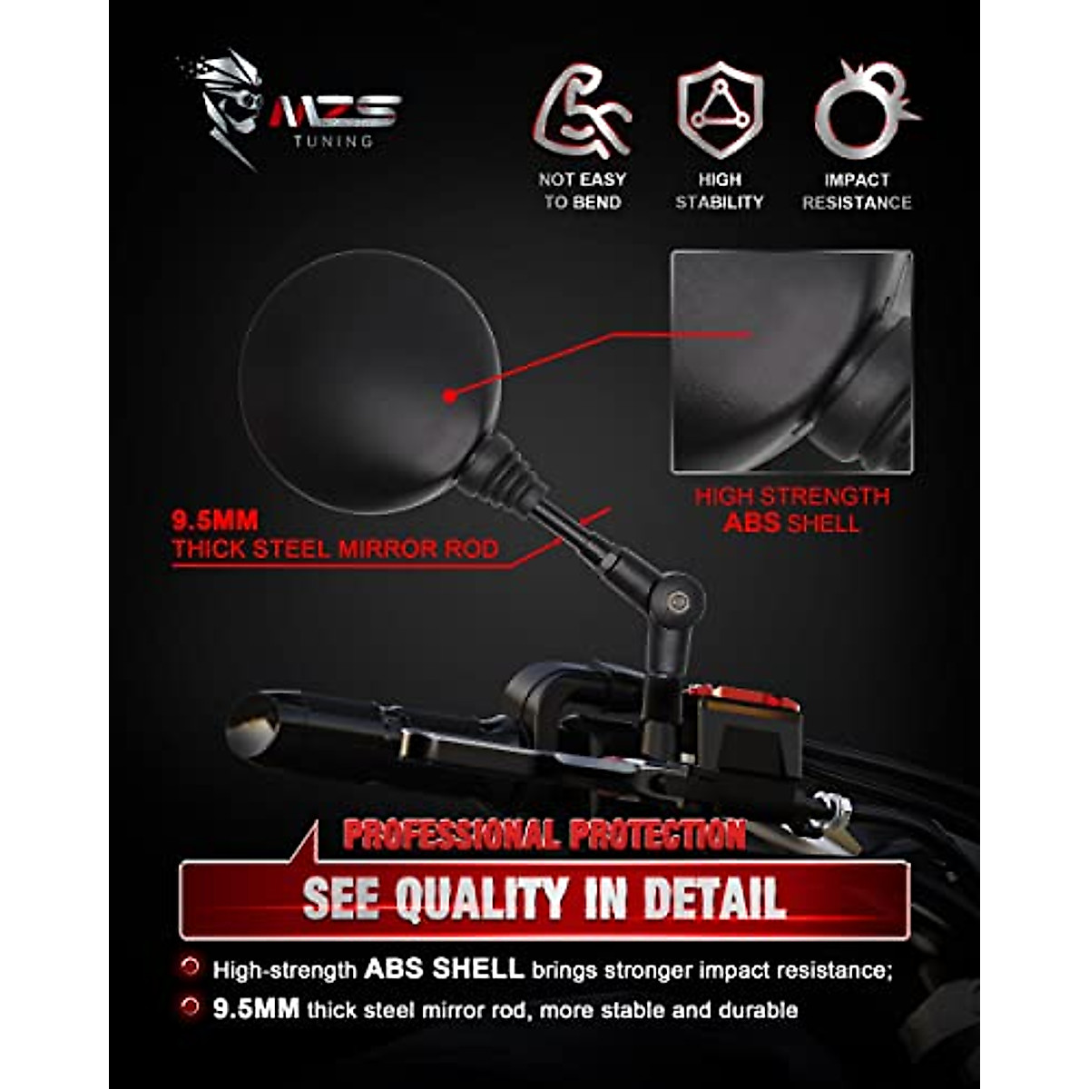MZS Motorcycle Mirrors, Foldable Adjustment Rear View Mirror 8mm 10mm Universal Handlebar Mount Round Compatible with Motorbike Adventure Dirt Street Bike ATV Quad Snowmobile Scooter Coolster Moped