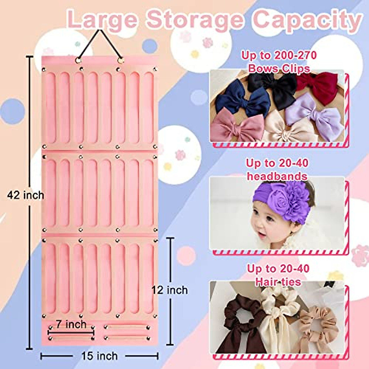 Bow Holder for Girls Hair Bows, Hair Bows Holder Extra Large Capacity, Hair Bows Organizer 27 Ribbons, Baby Hair Accessory Storage Display, Baby Headbands Holder for Room, Closet, Birthday Day Gift