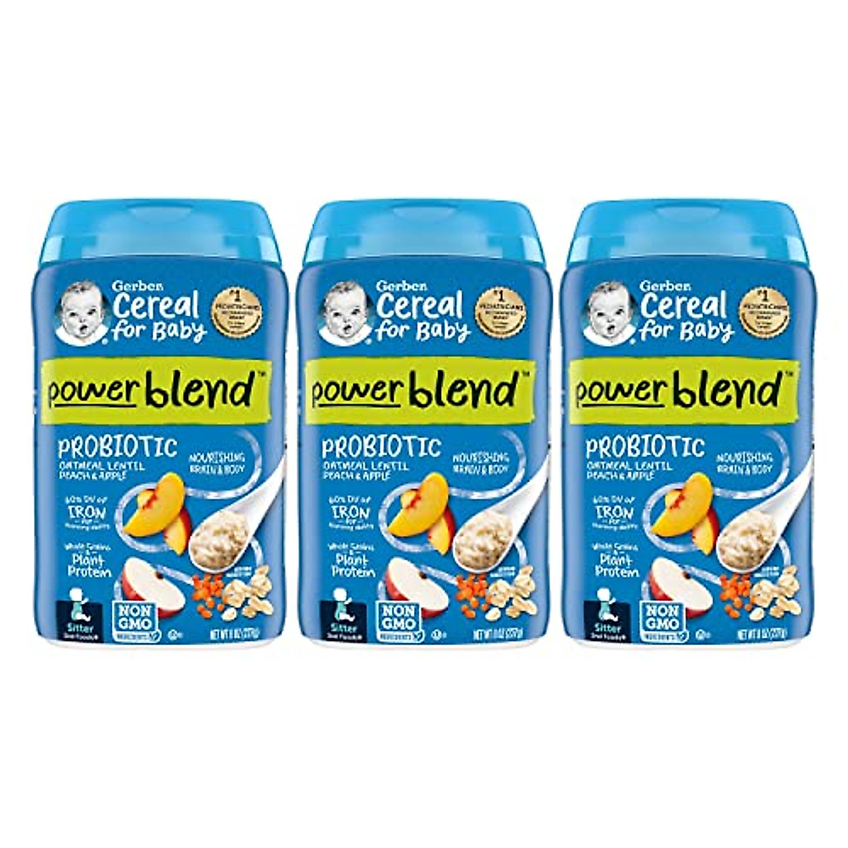 Gerber Cereal for Baby 2nd Foods Power Blend Cereal, Probiotic Oatmeal Lentil Peach & Apple Cereal, Non GMO with Whole Grains & Plant Protein, 8 OZ Canister (Pack of 3)