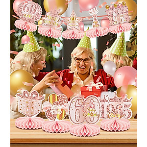 9 Pcs 60th Birthday Decoration for Women Happy 60th Birthday Table Honeycomb Decorations Rose Gold Pink Centerpieces Tables Toppers1965 Decor Cheers to 60 Years Old Birthday Party Favors