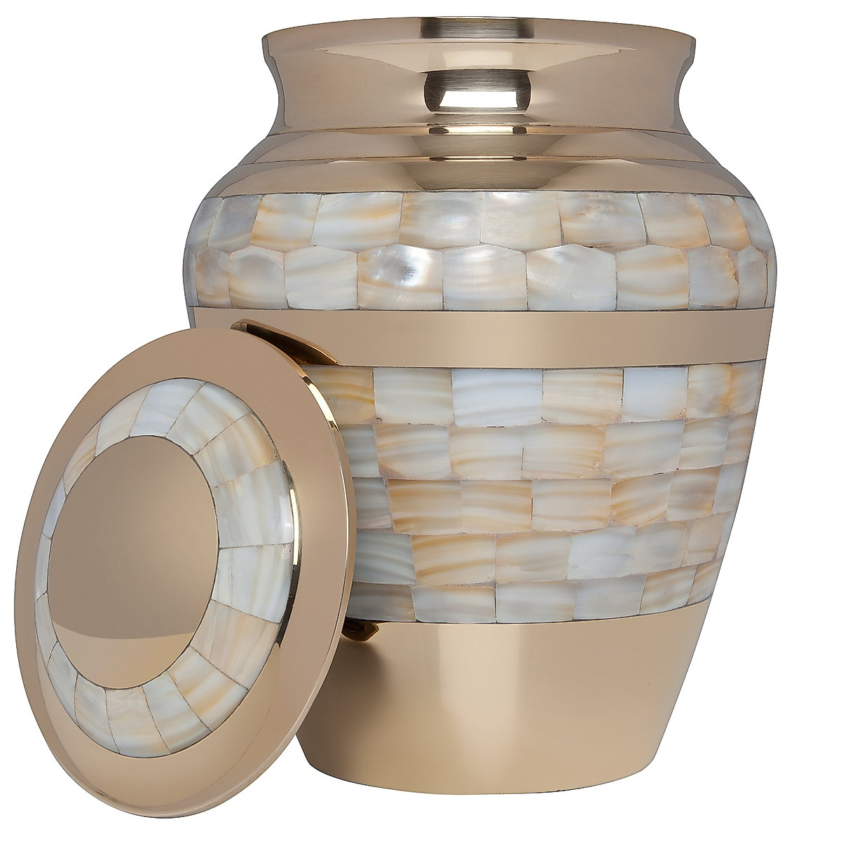 Mother of Pearl Gold Funeral Urn by Cremation Urn for Human Ashes - Hand Made in Brass - Suitable for Cemetery Burial or Niche - Large Size fits Remains of Adults up to 200 lbs - Mother of Pearl