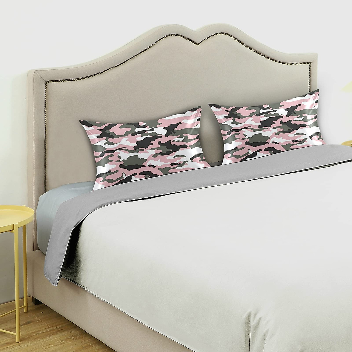 Camouflage Military Pink Satin Pillowcase for Hair and Skin Silk Pillowcase Pillow Case with Envelope Closure Throw Pillow Cover for Sofa Hotel Couch Bedroom Home Decor - King, 40x20inch