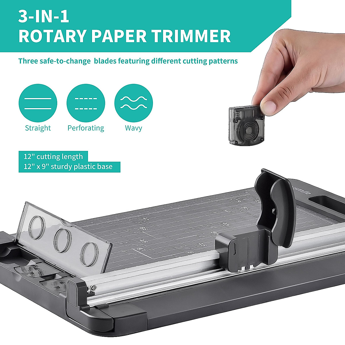 Rotary Paper Trimmer, 3-in-1 Paper Cutter, 12 Inch Cutting Length, with Straight Cut/Perforating Cut/Wavy Cut, Enclosed Blades for Safe Use, Ideal for Paper Craft Projects