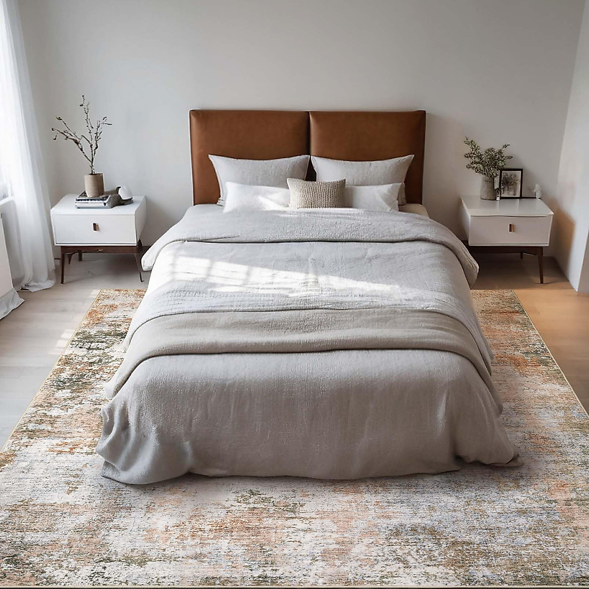 Washable Abstract Area Rug 8x10 - Contemporary Style Large Soft Living Room Bedroom Rugs Stain Resistant Non-Shedding Low Pile Accent Carpet for Indoor Dining Room Home Studio Office - Brick/Grey