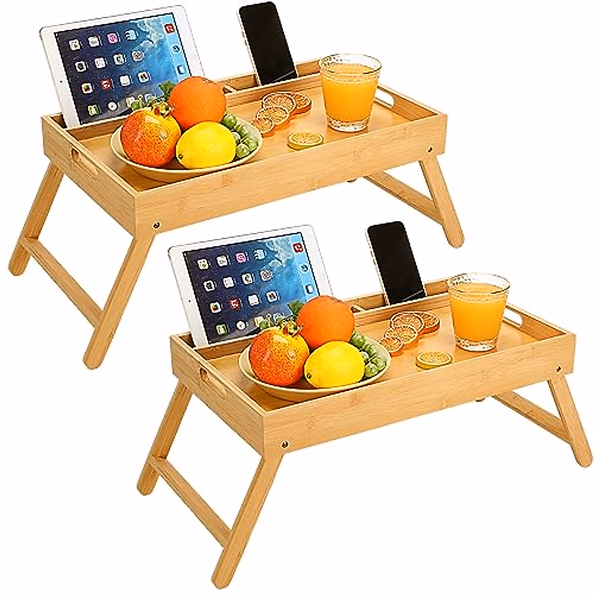 Leinuosen 2 Pcs Large Bed Tray Table with Media Slot 19.7 Inch Bamboo Breakfast Food Tray with Handles Folding Legs Portable Laptop Pad Desk TV Snack Tray for Eating, Reading, Working