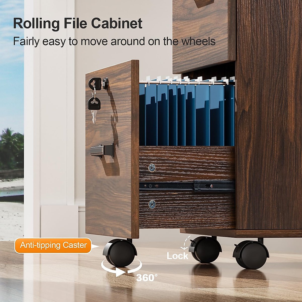 VINGLI 2 Drawer File Cabinet with Lock, Wood Dark Brown File Cabinet for Letter Size File Folders with Tabs, Under Desk Rolling File Cabinets for Home Office, Mobile Filing Cabinet Printer Stand