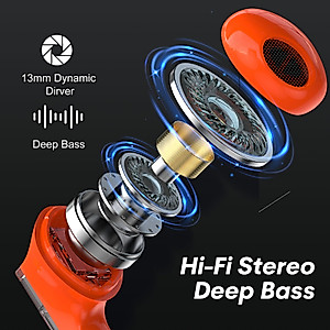 True Wireless Earbuds Bluetooth in Ear Headphones for iPhone Android Transparent Blue Tooth 5.3 Ear Buds Deep Bass TWS Wireless Earphones with Microphone Cordless Earbud with Charging Case Orange