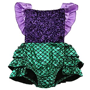 One opening Baby Girl Sequins Mermaid Bodysuit Romper Jumpsuit Outfit Sunsuit Clothes (18-24 Months, Purple&Green)