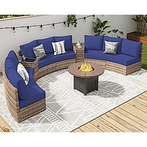 LUXOAK Patio Furniture Sets, 11 Piece Half-Moon Sectional Round Sofa Set, Outdoor Patio Furniture with Cushions & Wedge Table for Beach, Pool, Balcony, Blue