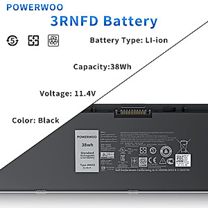 POWERWOO 3RNFD Replacement Battery for Dell Latitude 14 7000, E7450 E7440 Series PFXCR 34GKR F38HT G95J5 3RNFD G0G2M T19VW 909H5 0G95J5 5K1GW 451-BBOG PFXCR F38HT 451-BBFV 451-BBFT 451-BBFY 38Wh 7.4V