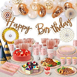 175PCS Pink Rose Gold Plates Napkins Party Supplies, Severs 25 Disposable Party Pink Plates, Plastic Forks Knives Spoons, Golden Dot Paper Plates, Napkins Cups for Baby Shower Decorations Pink Party