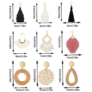 TOSGMY 9-12 Pairs Rattan Earrings for Women Handmade Boho Tassel Earrings Lightweight Acrylic Earrings Set (D)