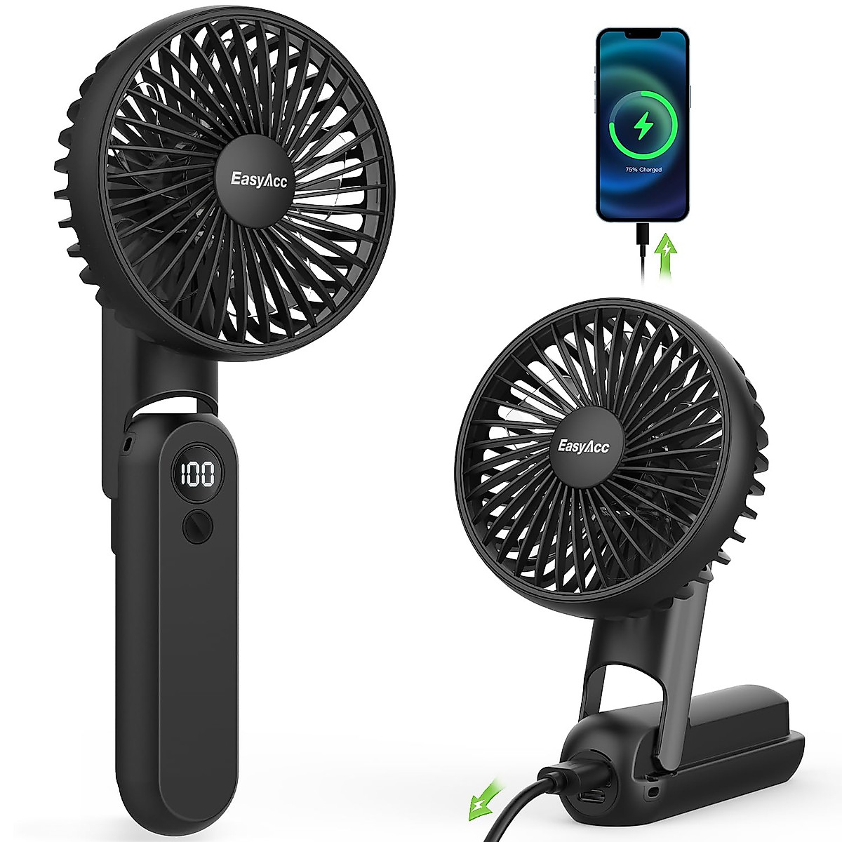 EasyAcc Portable Handheld Fan,4000 Battery Portable Fan for Travel [Ultra Quiet Powerful] 5 Speed Backup Power Digital Display Lanyard Rechargeable Foldable Personal Hand Fan for Olympic Games Black