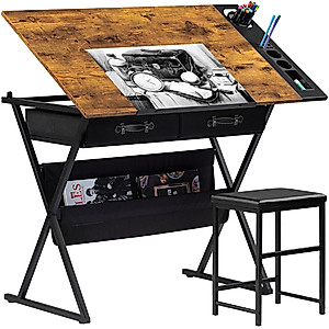 VECELO Drafting Table Adjustable Desk Tilted Tabletop with 2 Storage Drawers and Stool, Art Workstation for Artist Painters Drawing, Crafting, Reading, Writing, Home Office, Rustic Brown