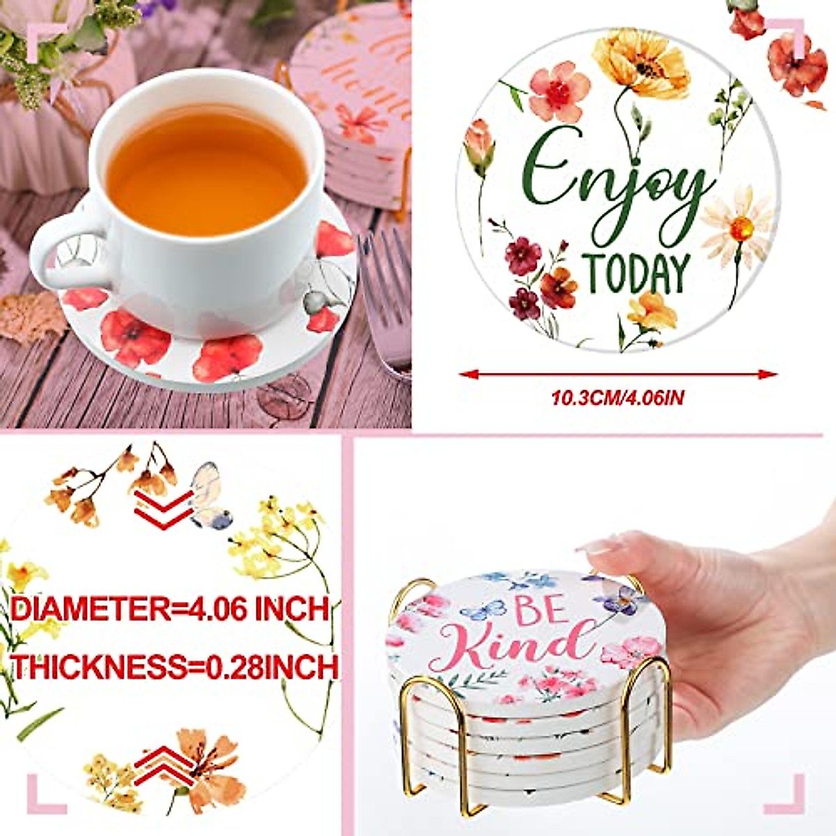 Ceramic Coasters with Holder, Sets of 6 Floral Coasters, Wildflower Ceramic Drink Coaster, Suitable for Kinds of Cups, Wooden Table Decoration, Spring Summer Home Decor, Tabletop Protection 4 Inches