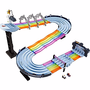 Hot Wheels Mario Kart Rainbow Road Raceway 8-Foot Track Set with Lights & Sounds & 2 1:64 Scale Vehicles, Race with 5-Track Colorful Course with 2 Configurations, Toy Gift for Kids