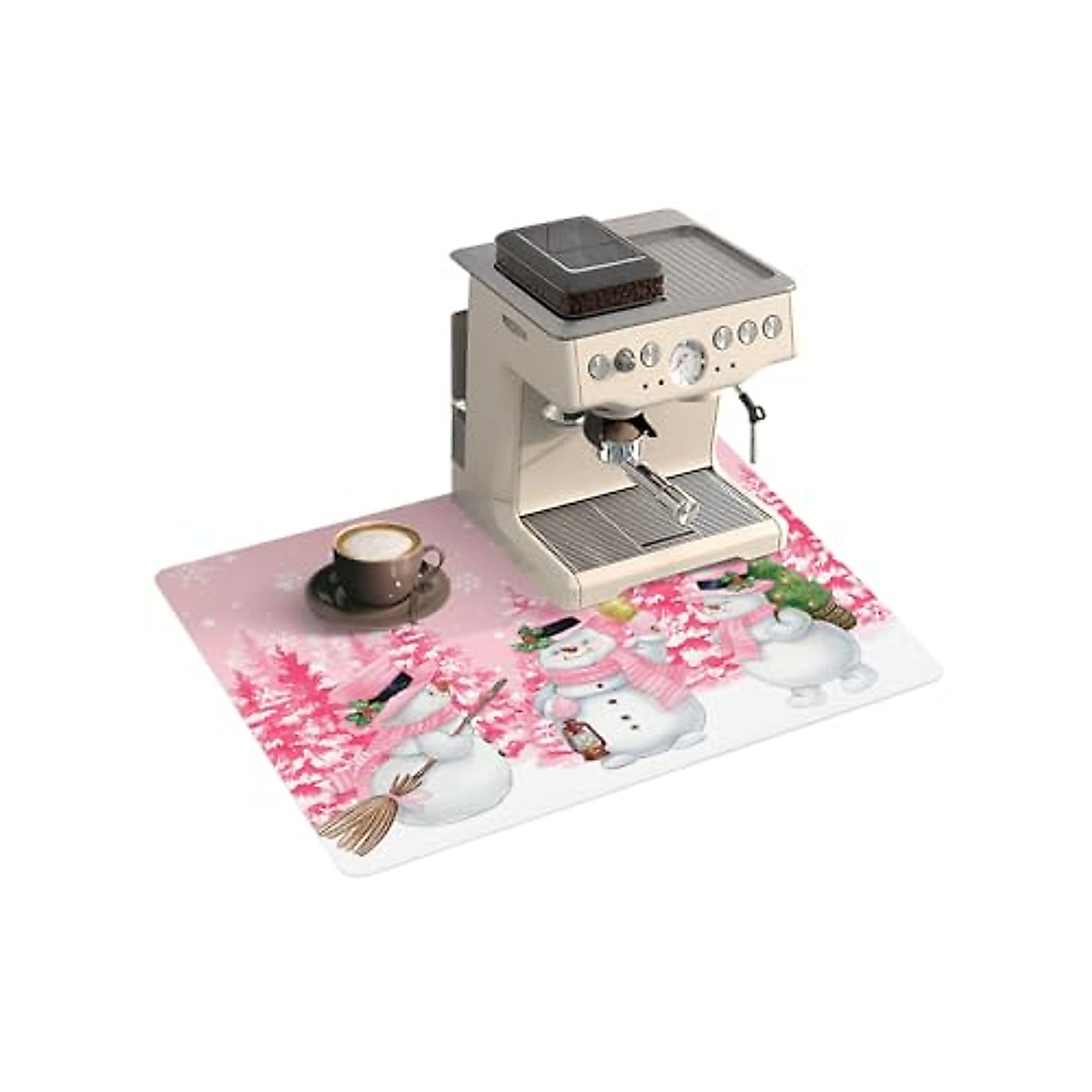 Coffee Mat for Counter,Christmas Snowman Xmas Tree Winter Snowflake Pink Absorbent Hide Stain Coffee Bar Mat,Non-slip Coffee Bar Accessories Kitchen Drying Mat Fit Under Coffee Maker Espresso Machine