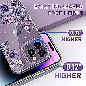 OKP (3 in 1 for iPhone 14 Pro Max Case Flower, with Screen Protector/Camera Lens Protector Cute Floral Pattern Clear Glitter Sparkly Bling Slim Hard Back Cover 6.7" for Women Girls, Purple Floral