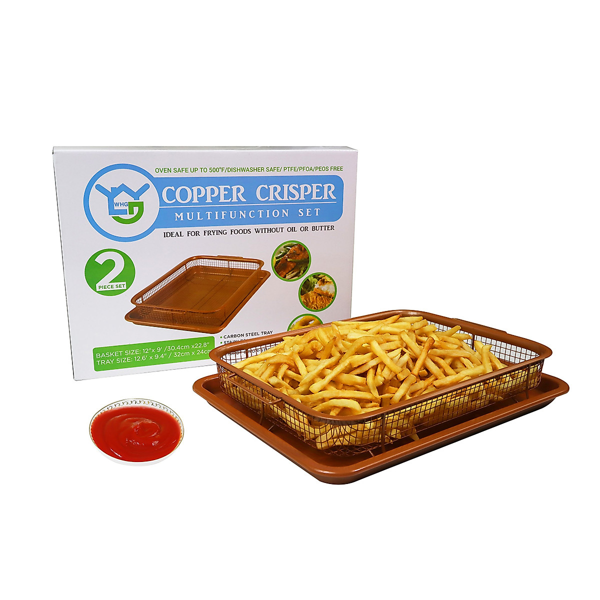 Deluxe Copper Crisper - 2-Pieces Nonstick Oven Air Fryer Pan/Tray & Mesh Basket Set - Air Fryer in Oven - Ideal for French Fry - Frozen Food, Baking Sheet without Oil - Bonus Pizza Cutter - WHG